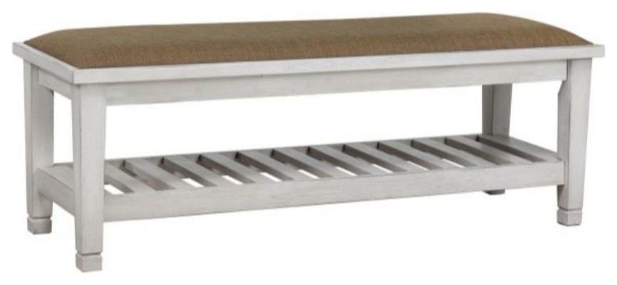 Wooden Bench With Slatted Shelf, White - Farmhouse - Accent And Storage ...