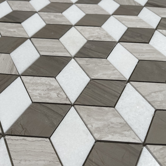 Athens Silver Cream Marble 3D Cube Diamond Geometry Hex Mosaic Tile, 1 ...