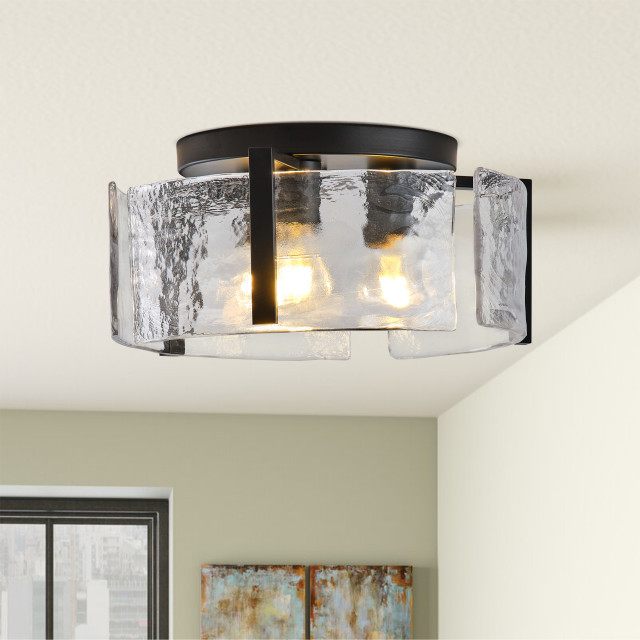 Modern Black Metal Flush Mount Ceiling Light with Curved Water Glass ...