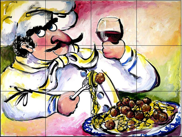 Tile Mural, Spaghetti Chef by Malenda Trick, 17" x 12.75" (12 Tiles ...