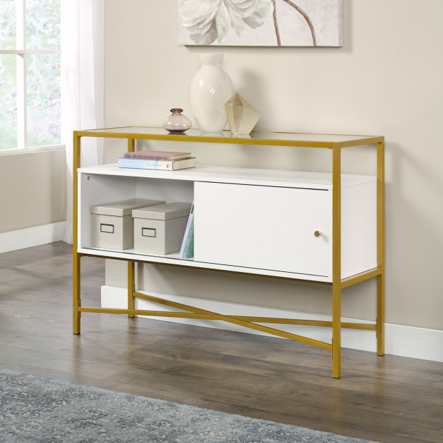 Elegant Console Table, Golden Metal Frame With Sliding Cabinet Door & Glass Top - Contemporary ...
