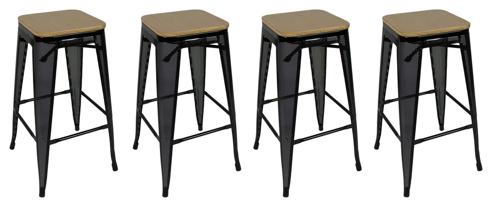 Stackable Metal Mesh Bar Stools With Bamboo Tops, Set of 4, Black ...