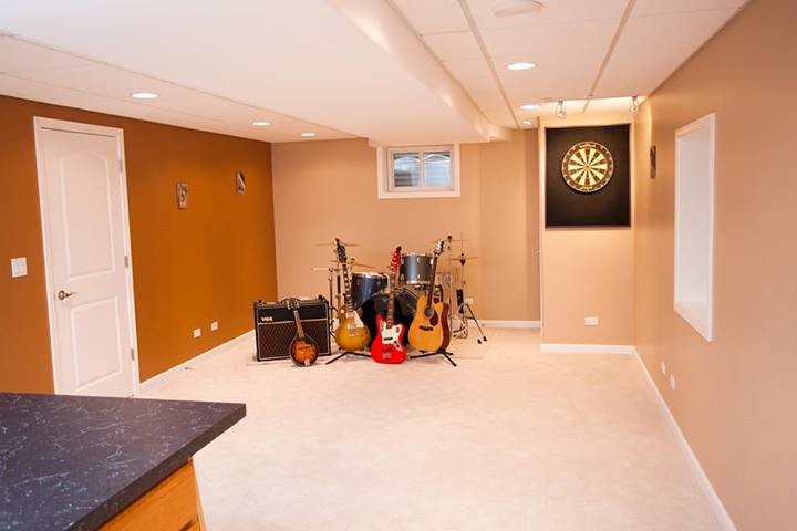 music room with instrument in basement - Modern - Basement - Chicago