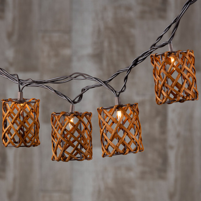 6' Electric Brown Rattan Weave Cylindrical Patio Lights - Outdoor Rope ...