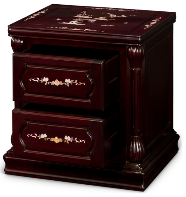 Dark Cherry Rosewood Mother of Pearl Inlay Chinese Nightstand - Asian ...