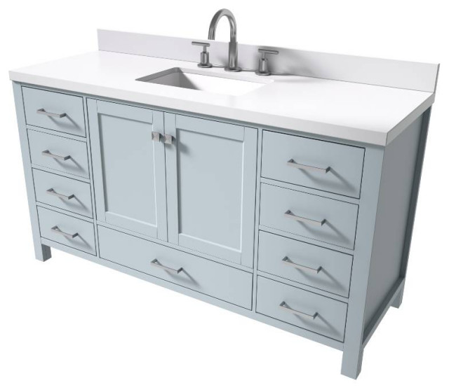 Cambridge Grey 61" Rectangle Sink Vanity With White Quartz Countertop - Transitional - Bathroom ...