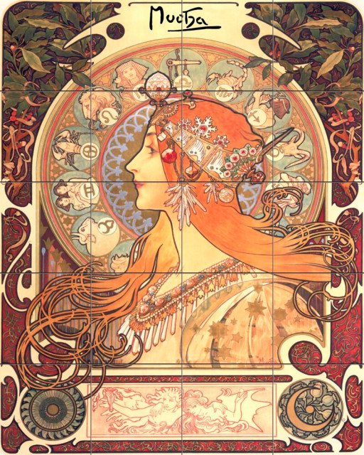 Tile Mural Kitchen Backsplash - Zodiak - by Alphonse Mucha, 24" W x 30 ...