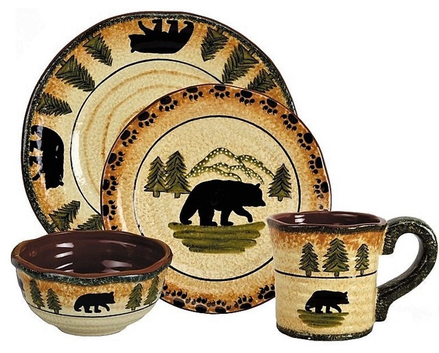 Black Bear Dinnerware, 16 Piece Set - Rustic - Dinnerware Sets - by ...
