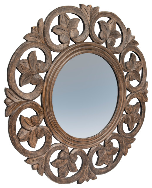 Round Carved Wood Botanical Framed Wall Mirror, Walnut - French Country ...