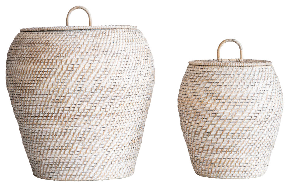 Whitewashed Rattan Baskets With Lids, 2-Piece Set - Tropical - Baskets ...