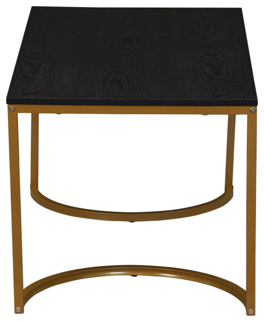 Half Moon Rectangular Coffee Table Black Oak Wood Grain and Gold Metal ...