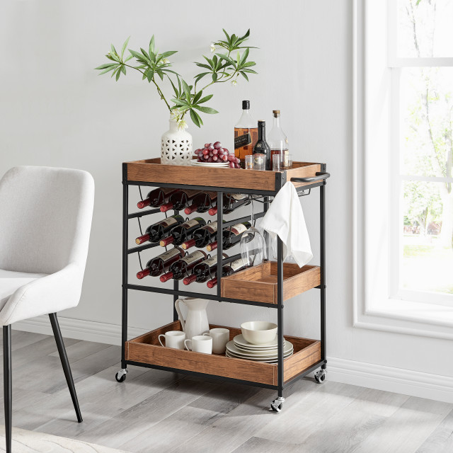 Rustic Walnut Veneer Rolling Farmhouse Wine Bar Cart With Bottle and ...