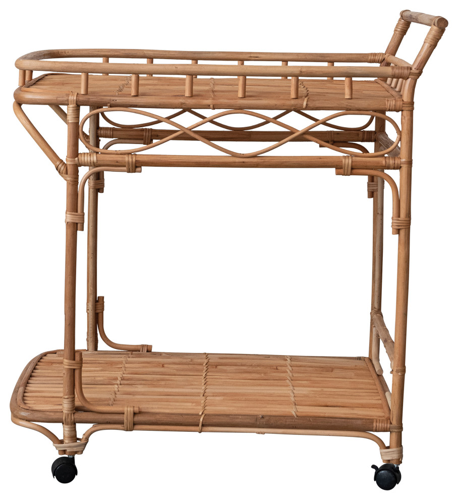 Hand-Woven Rattan 2-Tier Bar Cart on Wheels, Natural - Bar Carts - by ...