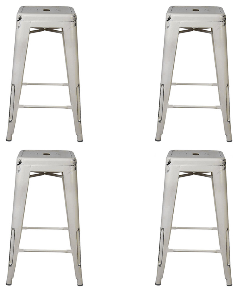 Antique White Backless Metal Bar Stools, Set of 4 - Industrial - Bar ...