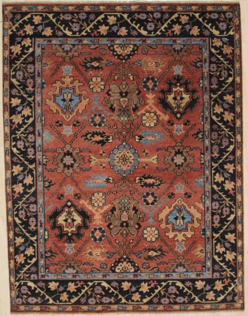 Rust / Navy Traditional All Over Traditional Knot Area Rug, 6'x9 ...