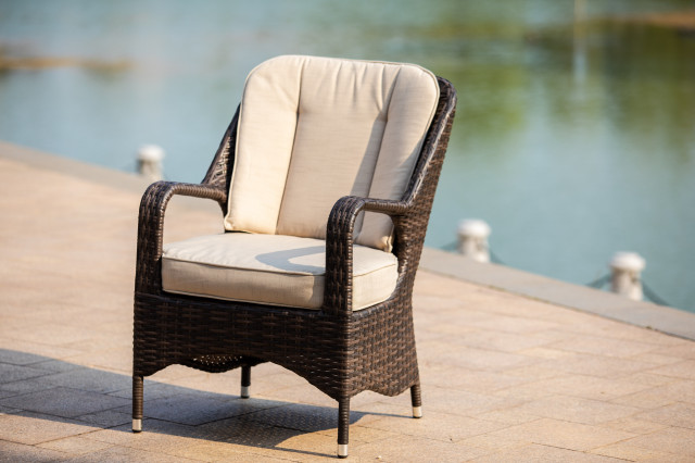 Liberatore Brown Wicker Dining Chairs With Beige Cushions, Set of 2 ...