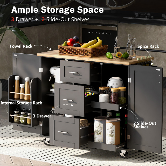 Rubberwood Kitchen Cart, 1 Spice Rack, 2 Slide-Out Shelf, and 3 drawer ...