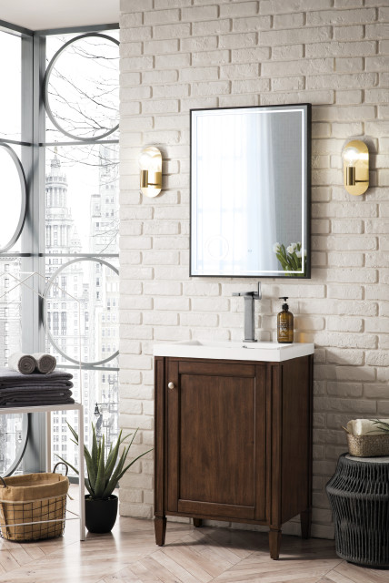 24" Single Vanity Vanity Mid Century Acacia W/ White Glossy Countertop ...