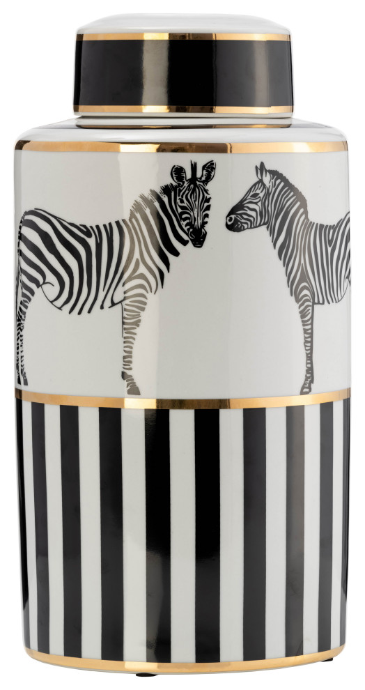 Ceramic 16"H Zebra Jar, Lid, White/Gold - Contemporary - Decorative ...