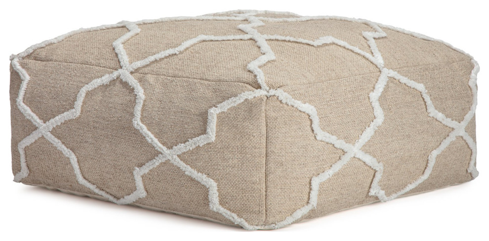 Unique Pouf, Extra Large Design With Geometric White Pattern, Beige ...