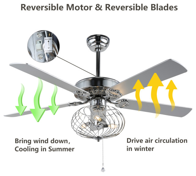 Chrome Modern Industrial Ceiling Fan with Remote Control, 3-Speed ...