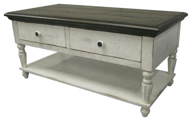 44" Distressed Vintage Cream and Brown Wood Coffee Table - French ...