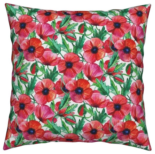 Watercolor Poppy Poppies Botanical Painted Red Throw Pillow ...