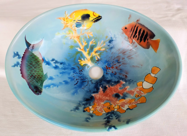 Hand Painted Tropical Fish Vessel Sink with Handmade Accent Tile ...