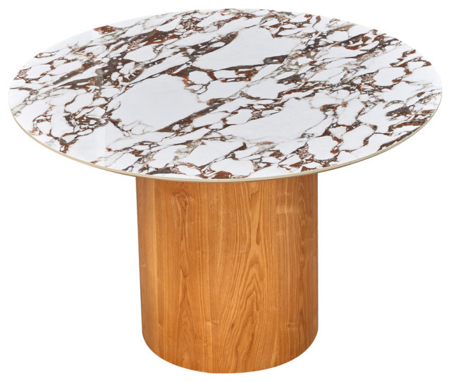White Marble Ceramic Round Dining Table, 47" Kitchen Table Wooden Base ...