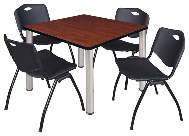 Kee 42" Square Breakroom Table- Cherry/ Chrome & 4 'M' Stack Chairs ...