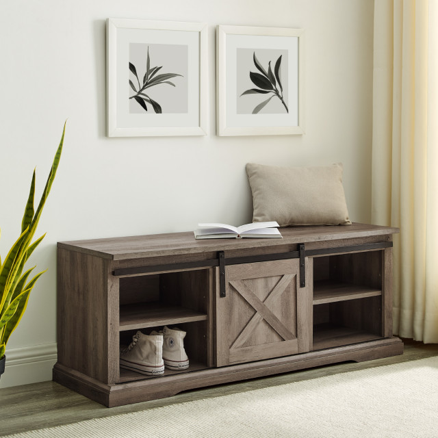 48" Sliding Barn Door Entry Bench, Gray Wash - Farmhouse - Accent And ...