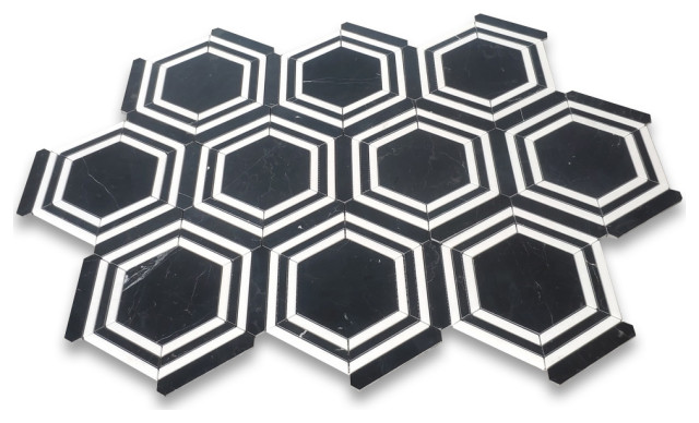 Nero Marquina Thassos White Marble Hexagon Georama Geometric Tile Hone ...