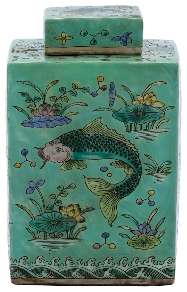Green Square Tea Jar Fish Motif - Asian - Decorative Jars And Urns - by ...