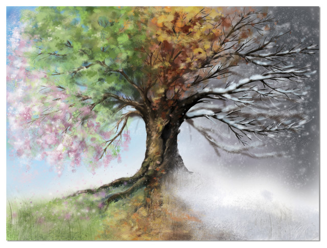 Designart 'Tree with Four Seasons' Large Tree Painting Canvas Art Print ...