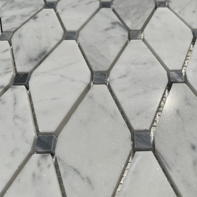 Long Octave Carrara Marble Rhomboid Mosaic Tile Dark Gray Dot Polished ...