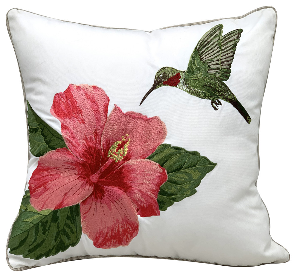 Hummingbird & Hibiscus Indoor/Outdoor Pillow - Tropical - Outdoor ...