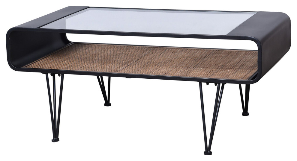 Aaron Coffee Table Graphite Metal, Clear Glass Top, Rattan Lower Shelf ...