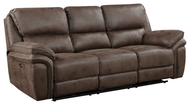 Tony 90" Power Double Recliner Sofa, USB Charging Port Brown Microfiber ...