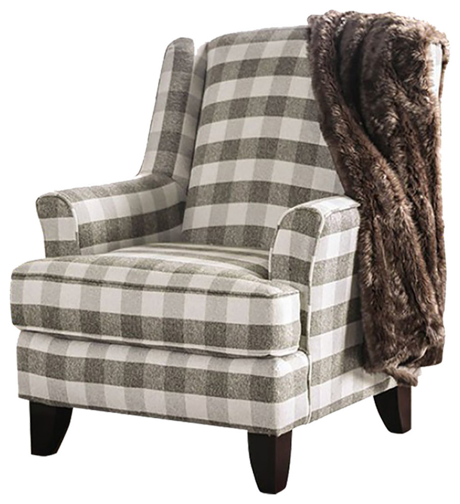 Fabric Chair with S-Sloped Arms, Light Gray Checkered Pattern ...