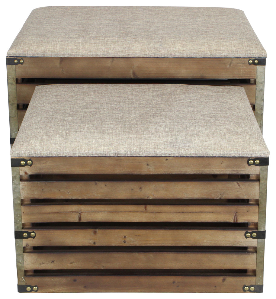 Set of 2 Rectangular Wood Slat Storage Bench With Metal Accent And ...