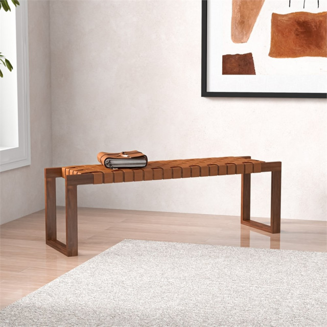 Elenor Mid-Century Modern Rectangular Genuine Tan Leather Upholstered ...