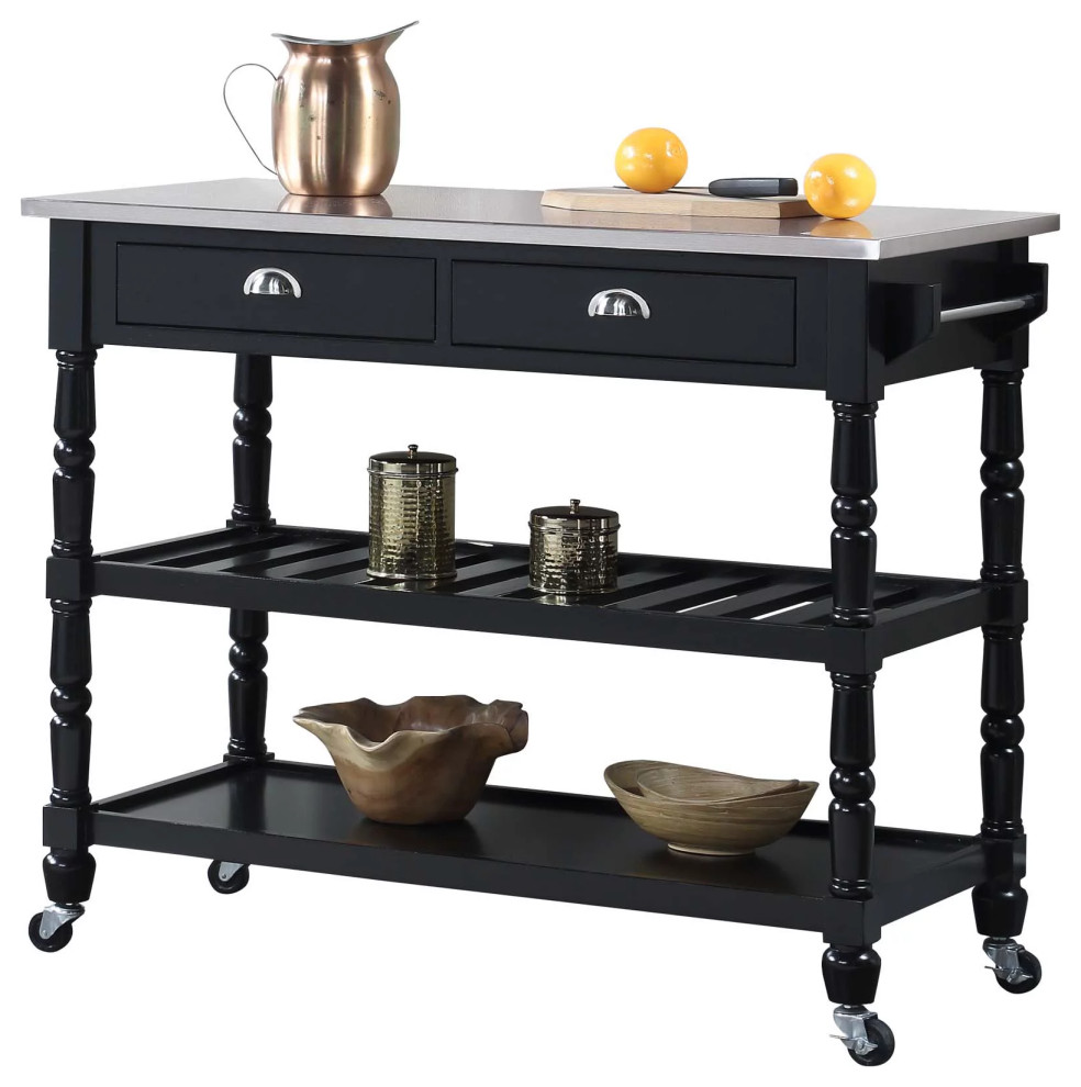Kitchen Cart, Carved Legs With Slatted Shelf & Stainless Steel Top ...