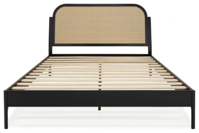 Retro Modern Platform Bed, Curved Slanted Headboard With Rattan ...
