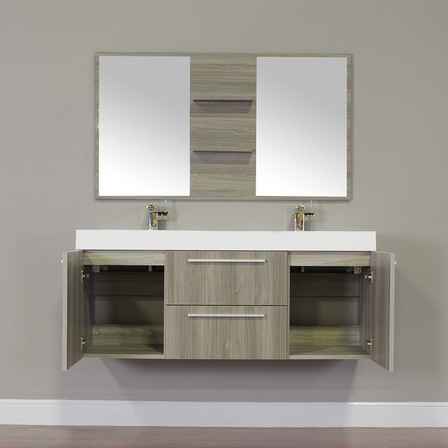 54 in. Double Wall Mount Modern Bathroom Vanity Set in Gray with Mirror ...