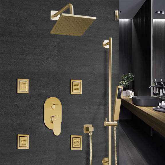 Bravat Brushed Gold Square Shower Set, Valve Mixer 3-Way Concealed Wall ...