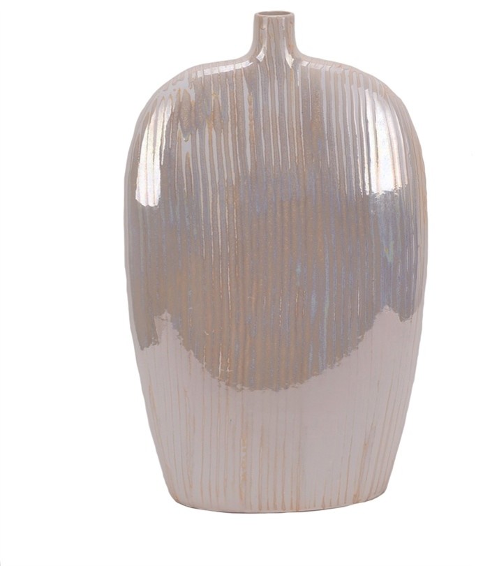 Decorative Ceramic Vase with Engraved Vertical Lines and Narrow Opening ...