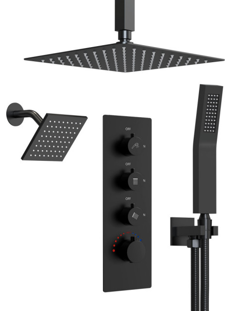 Dual Heads Shower System 16" Rain Shower Head with 4 Way Thermostatic ...