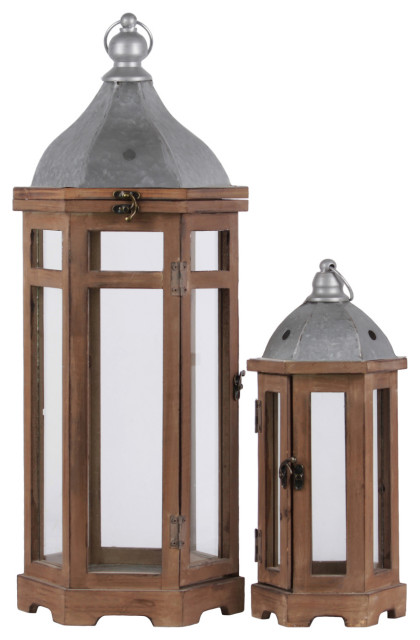 Wood, Metal and Glass Lanterns with Ring Handle, Brown and Gray, Set of ...