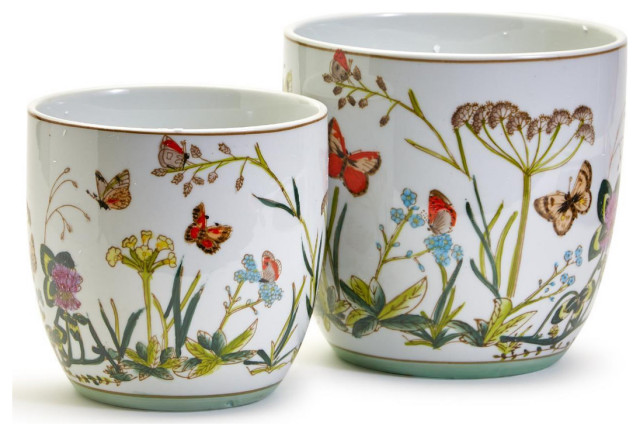 Two's Company Butterfly Garden Set of 2 Cachepot / Planter w/ Drainage ...