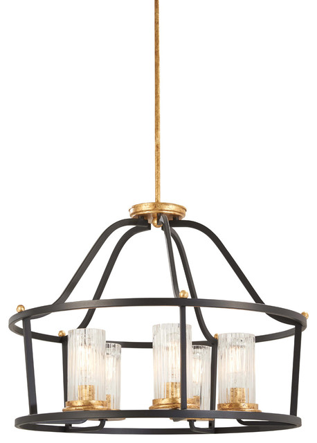 Posh Horizon 5-Light Pendant Sand Black/Gold Leaf Clear Ribbed G ...